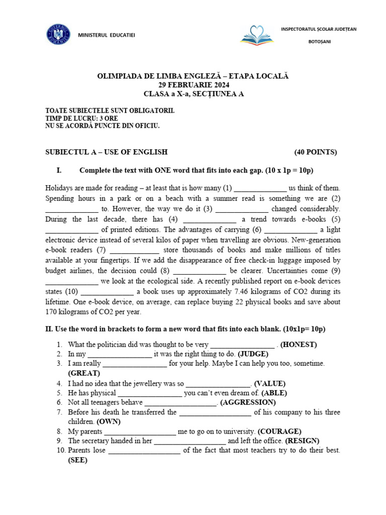 X Sectiunea A Engleza Subiect Etapa Locala | PDF