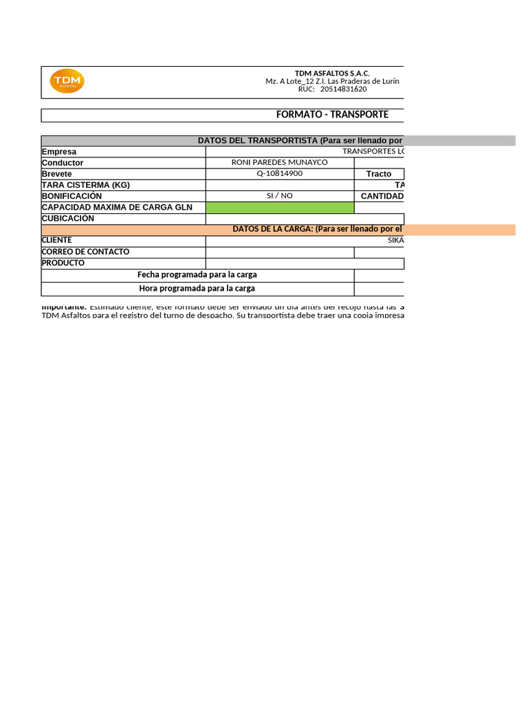 Formato Transporte Cliente Recoge. | PDF