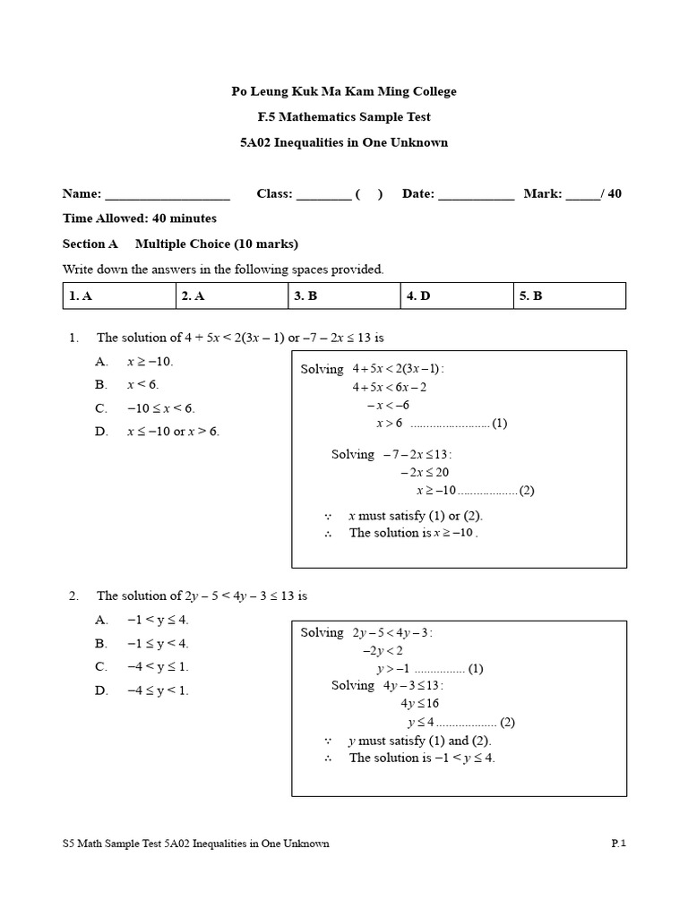 Sample Test 5A02 Inequalities in One Unknown Solution | PDF ...