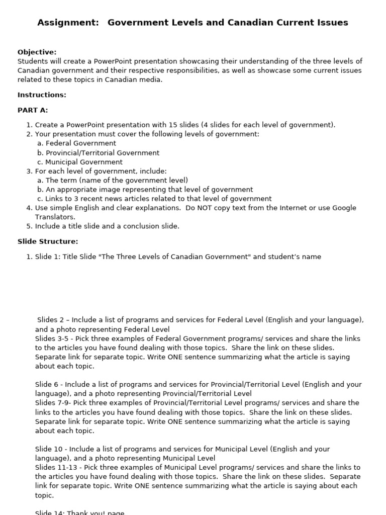 Assignment 2, Government Levels and Canadian Issues | PDF | Human Communication