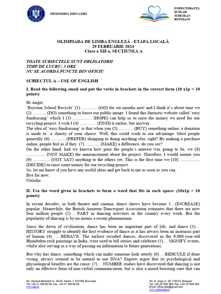 XII Sectiunea A Engleza Subiect Etapa Locala | PDF