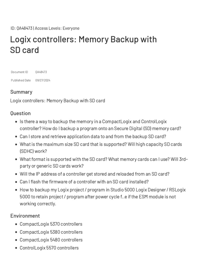 Logix Controllers SD Card Backup Guide | PDF | Backup | Computer Data ...