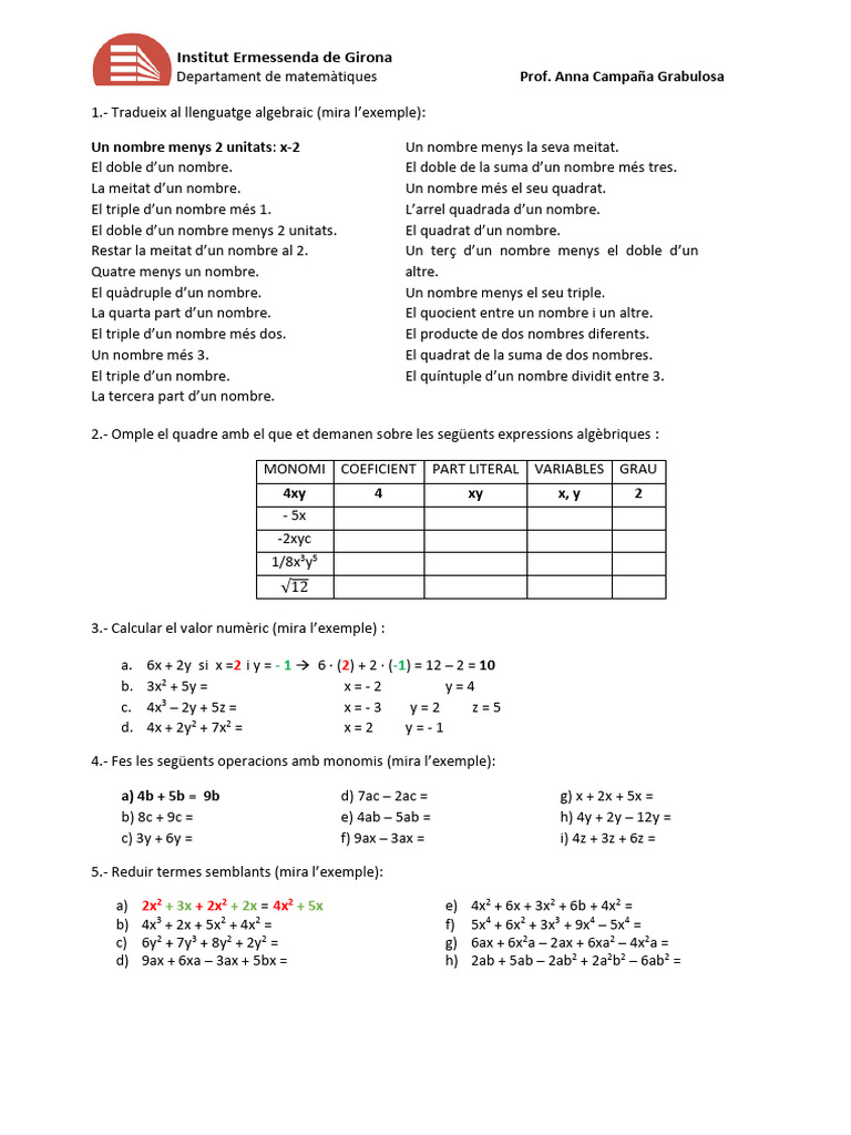 Fitxa Repàs Àlgebra 1r ESO | PDF