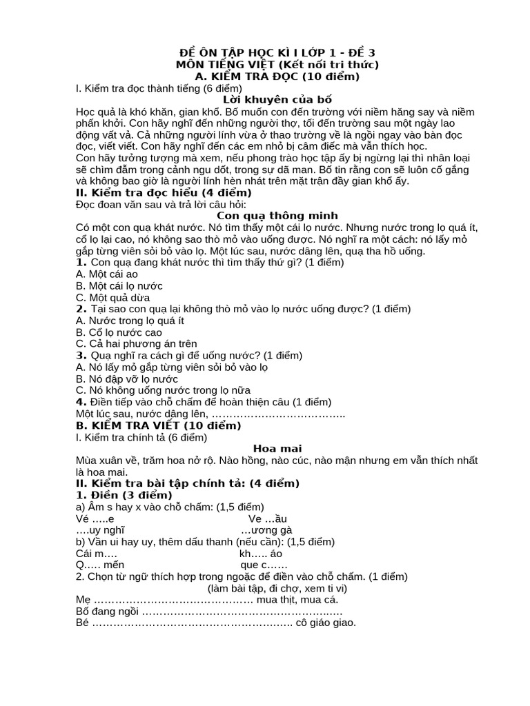 ĐỀ ÔN TẬP HỌC KÌ I LỚP 1,tiengviet | PDF