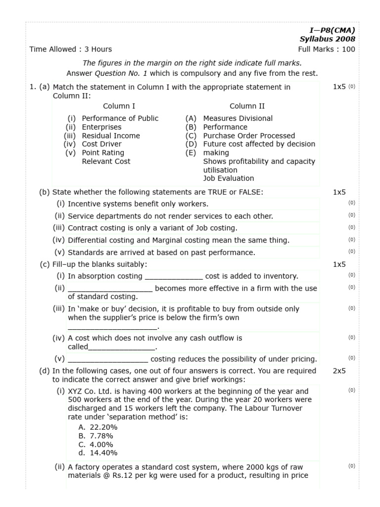 CWA ICWA Inter - Group II - Cost and Management Accounting - December ...