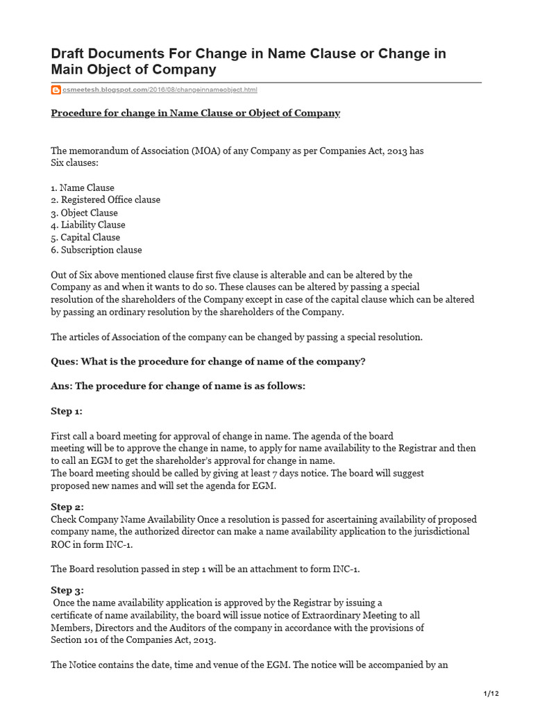 Draft Documents For Change in Name Clause or Change in Main Object of ...