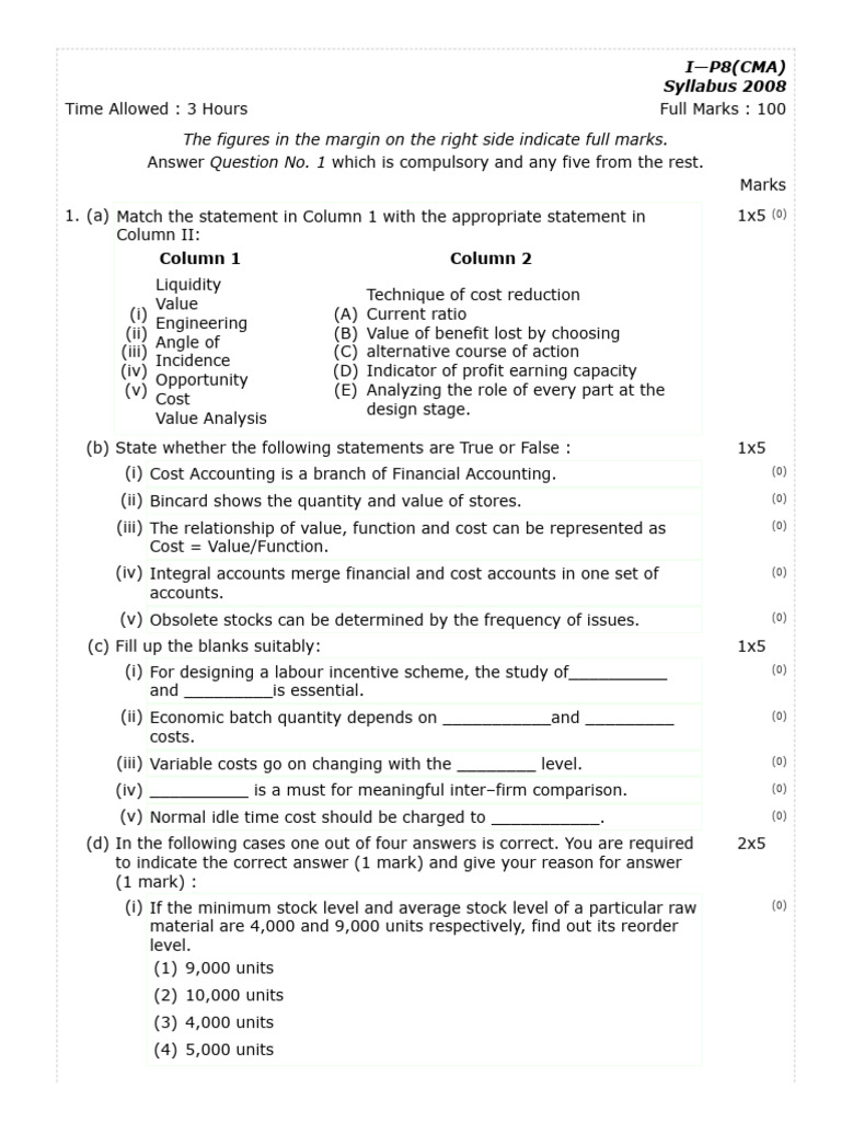 CWA ICWA Inter - Group II - Cost and Management Accounting - December ...