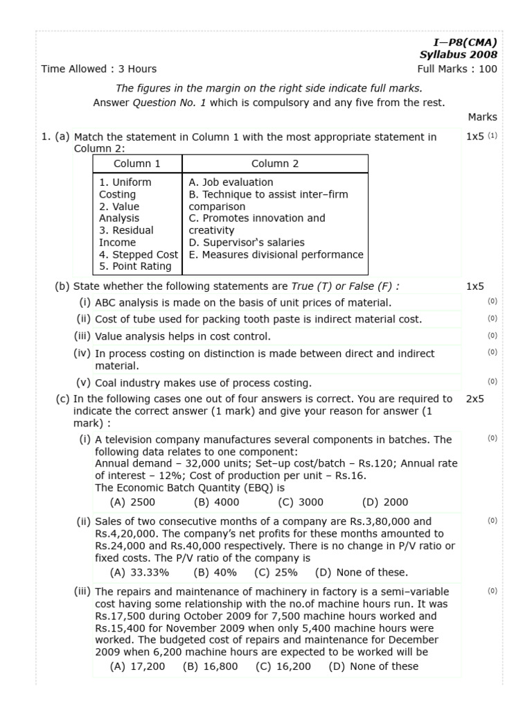 CWA ICWA Inter - Group II _ Cost and Management Accounting - December ...
