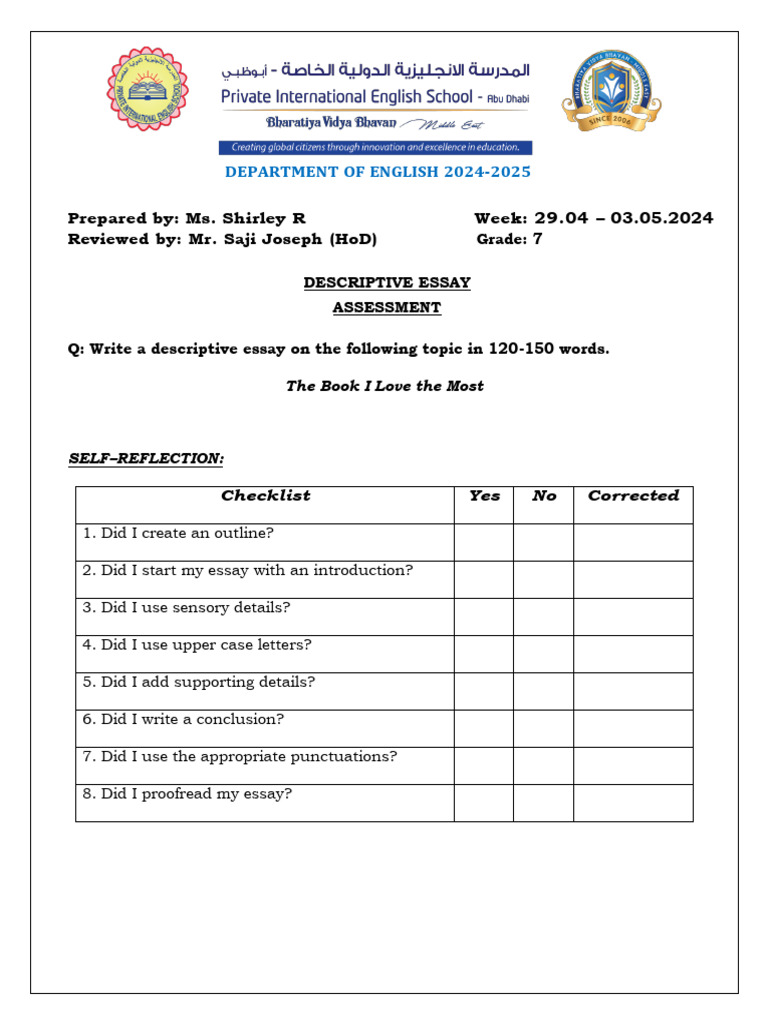 Descriptive Essay - Assessment | PDF