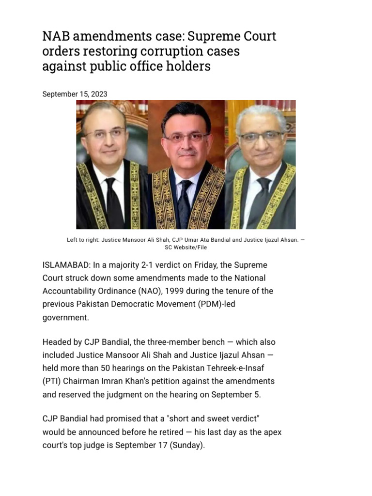 Supreme Court Restores NAB Corruption Cases | PDF | Politics Of ...