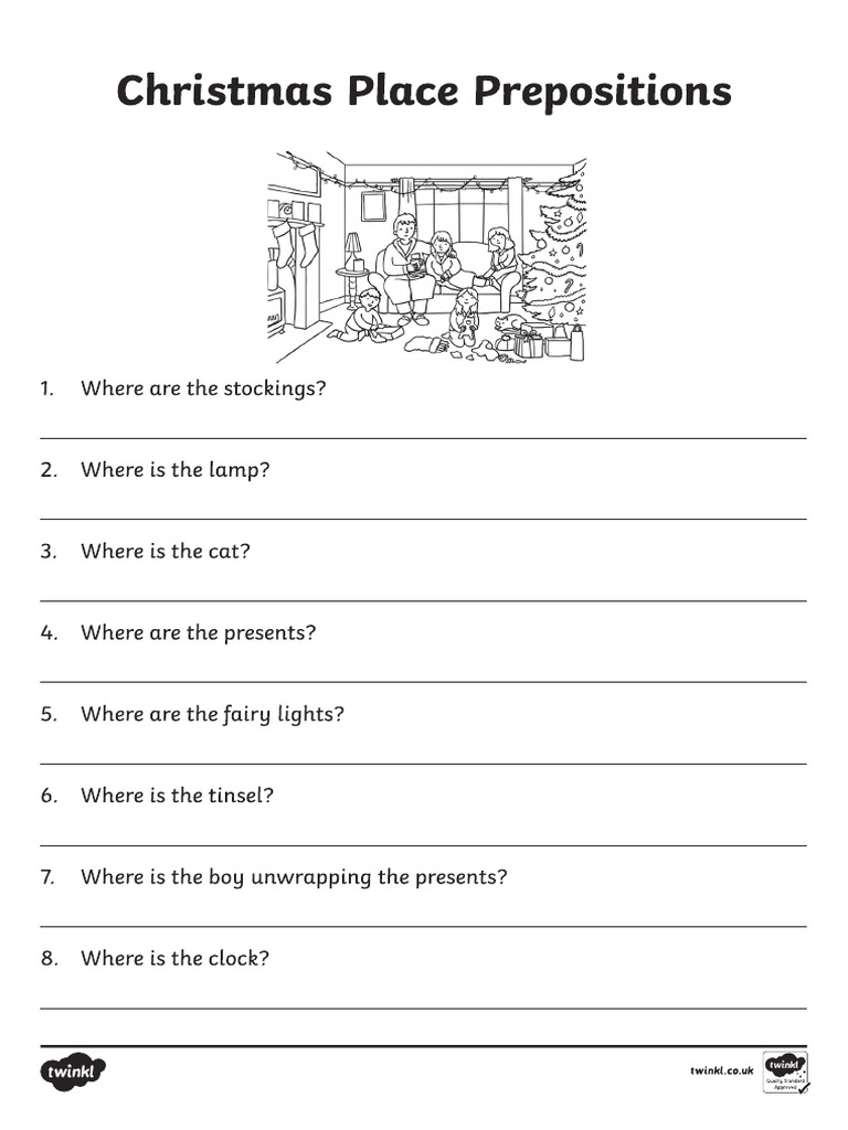 T e 681 Christmas Place Prepositions Written Questions Activity Sheet ...