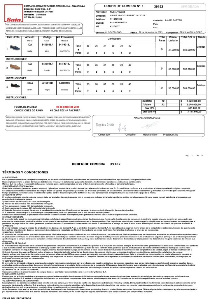 Orden de Compra 39152 - Manisol S.A. | PDF | Calidad (comercial) | Precios