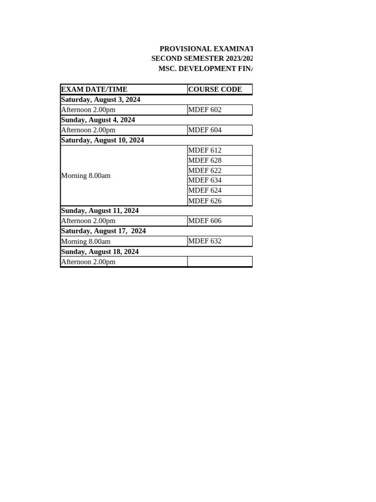 Final Exams Timetable - Emba Second Sem 2024 | PDF | Master Of Business Administration | Economics