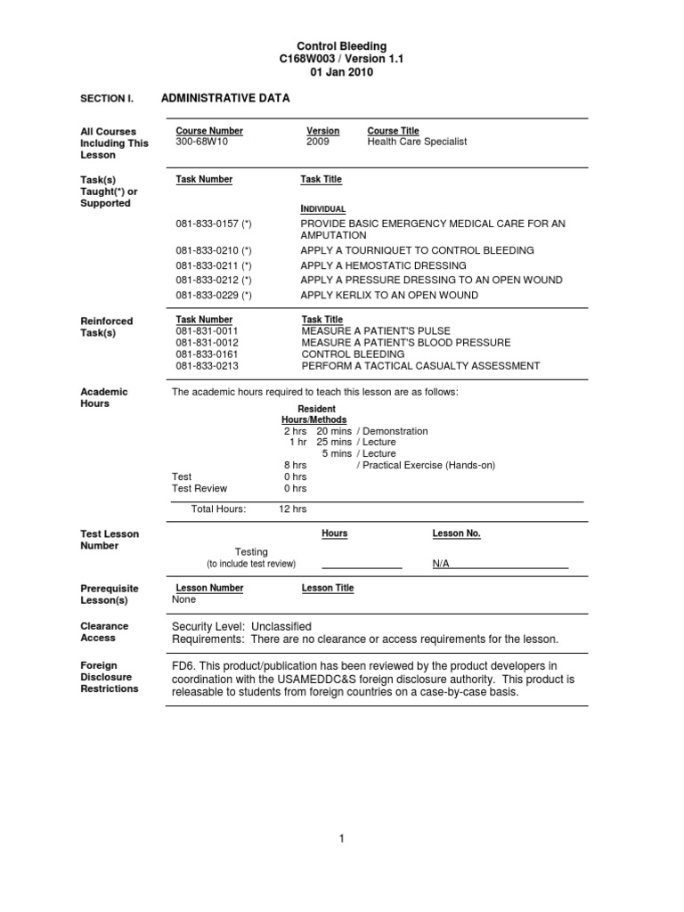 Control Bleeding - Lesson Plan Final - C168W003 VR 1.1 | PDF | Bleeding ...