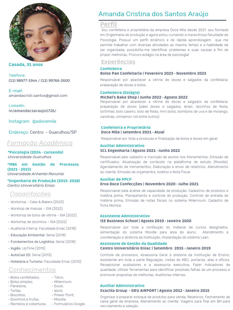 Currículo de Confeiteira e Psicologia | PDF