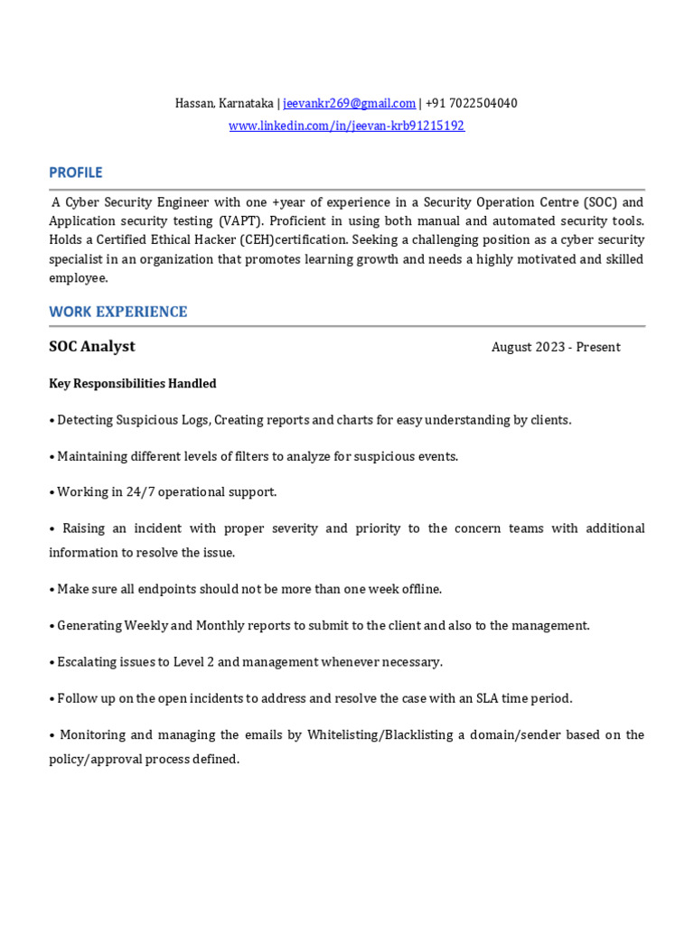 Jeevan_KR_Cybersecurity_Analyst_Resume | PDF | Security | Computer Security