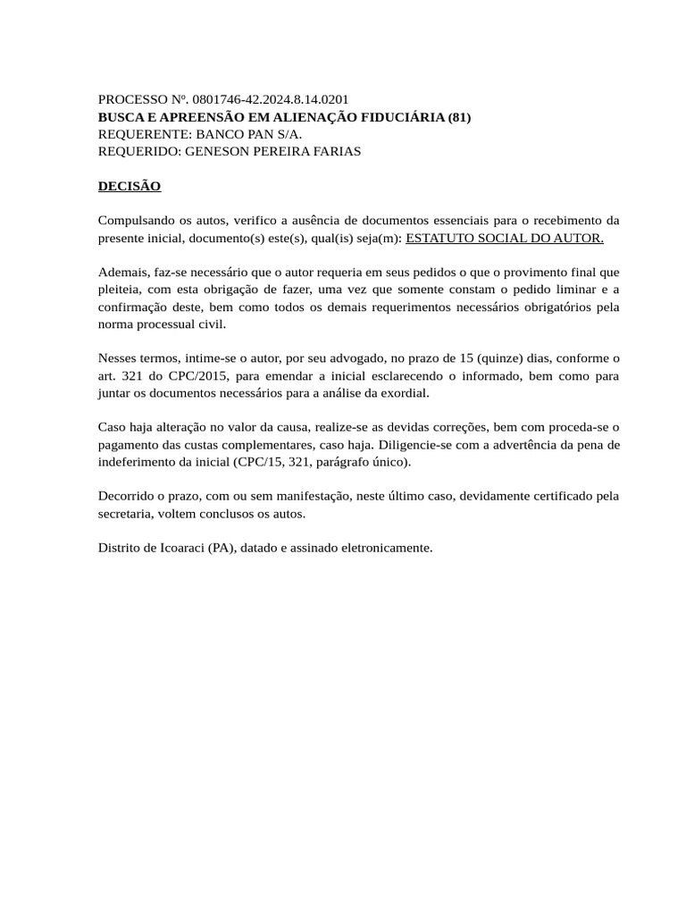 DECISÃO - BUSCA E APREENSÃO - Emenda A Inicial - Ausência de Documentos Na Inicial - 0802567-80. ...