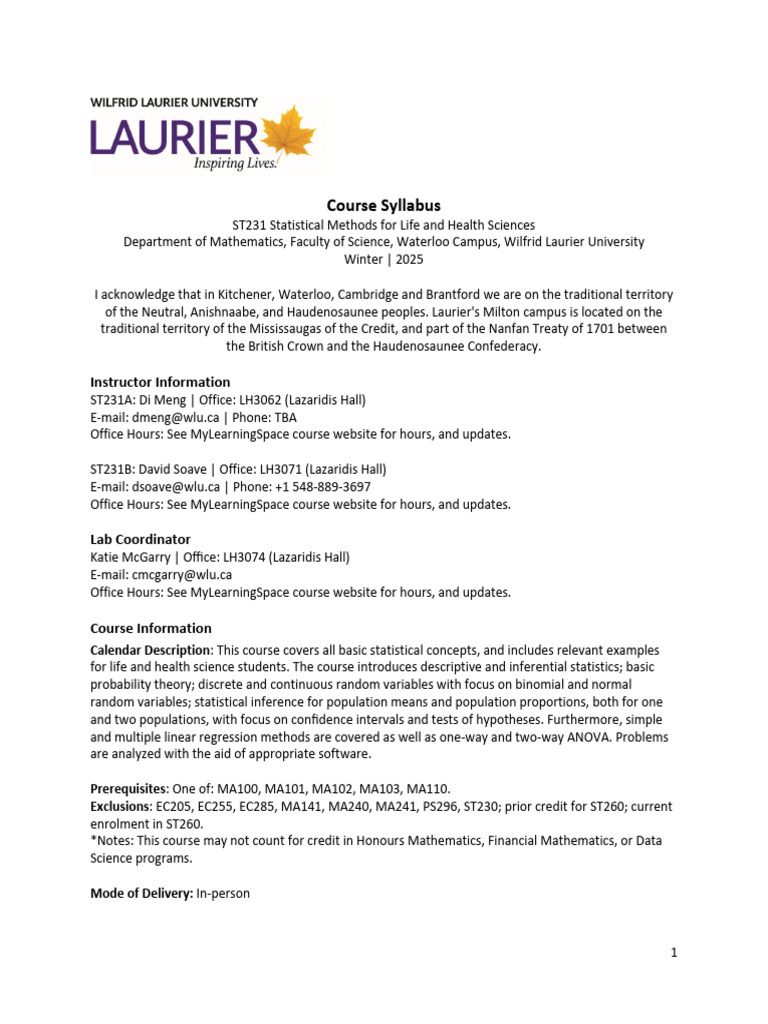 ST231_Outline_W2025 | PDF | Statistics | Statistical Inference