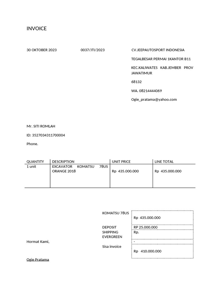INVOICE DP ALAT KOMATSU PC78US HERU | PDF