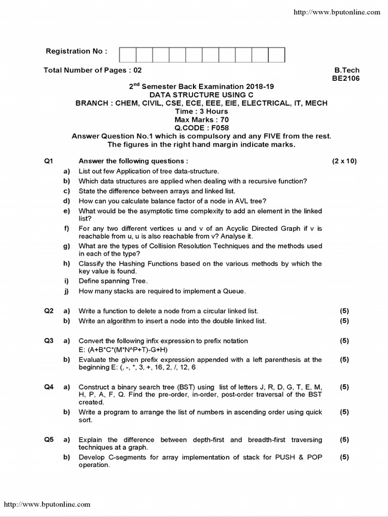 Btech 2 Sem Data Structure Using C Be2106 2019 | PDF