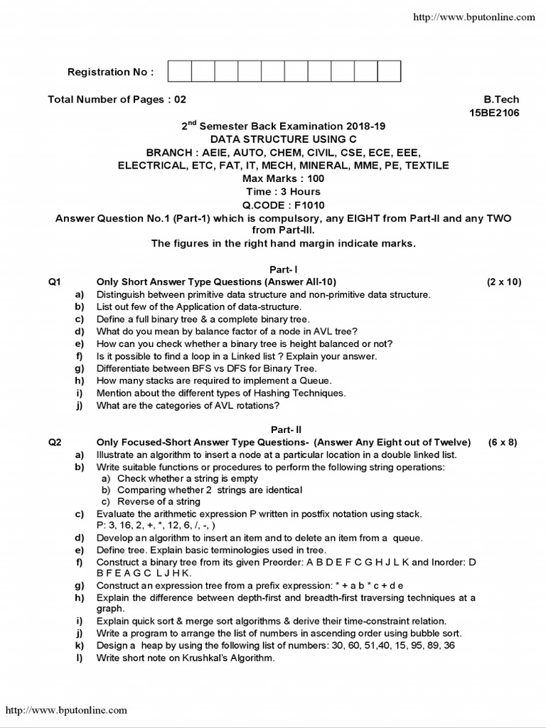 Btech 2 Sem Data Structure Using C 15be2106 2019 | PDF
