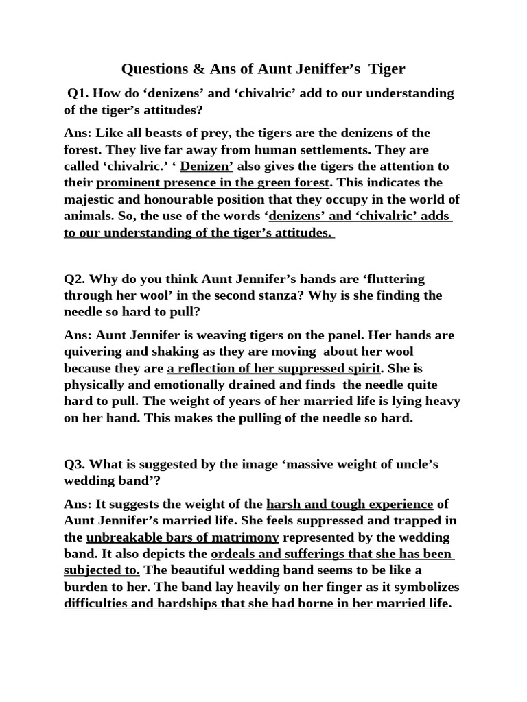 QUESTION AND ANSWERS OF AUNT JENNIFER'S TIGERS | PDF