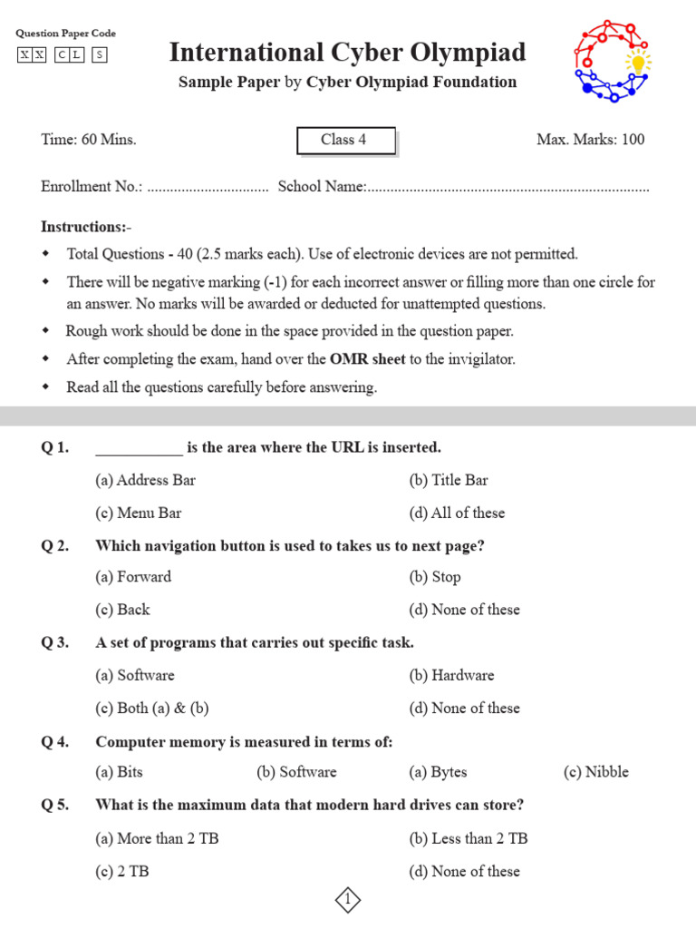 Cyber Olympiad Class 4 Sample Paper | PDF | Computer Data Storage | Usb ...
