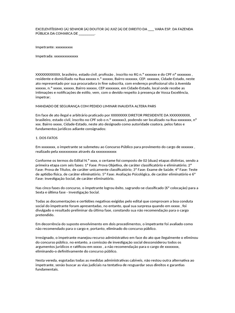 Mandado de Segurança Com Pedido Liminar Inaudita Altera Pars | PDF ...