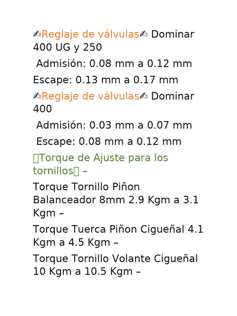 Reglaje y Torque Válvulas Dominar 400 | PDF