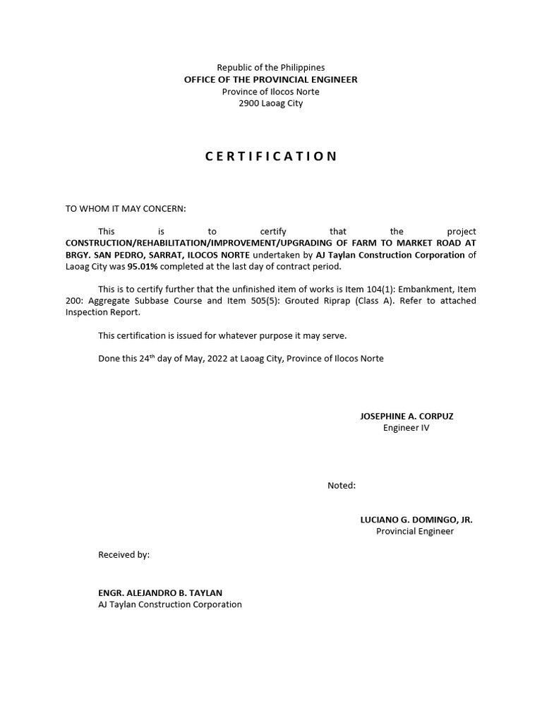 Certification of Farm-to-Market Road Completion | PDF