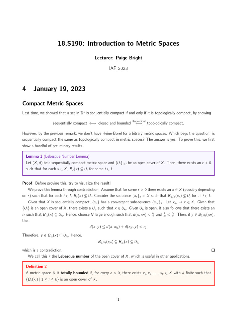 Lebesgue Number Lemma Sequentially Compact | PDF | Compact Space ...