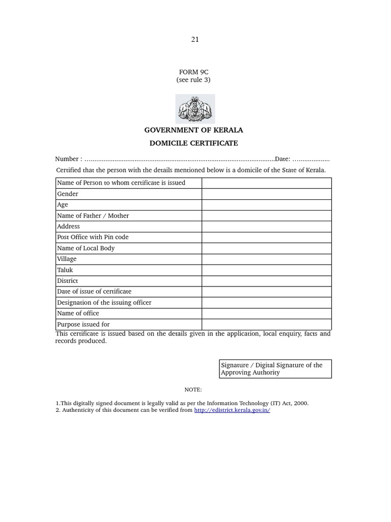 DOMICILE CERTIFICATE Kerla | PDF