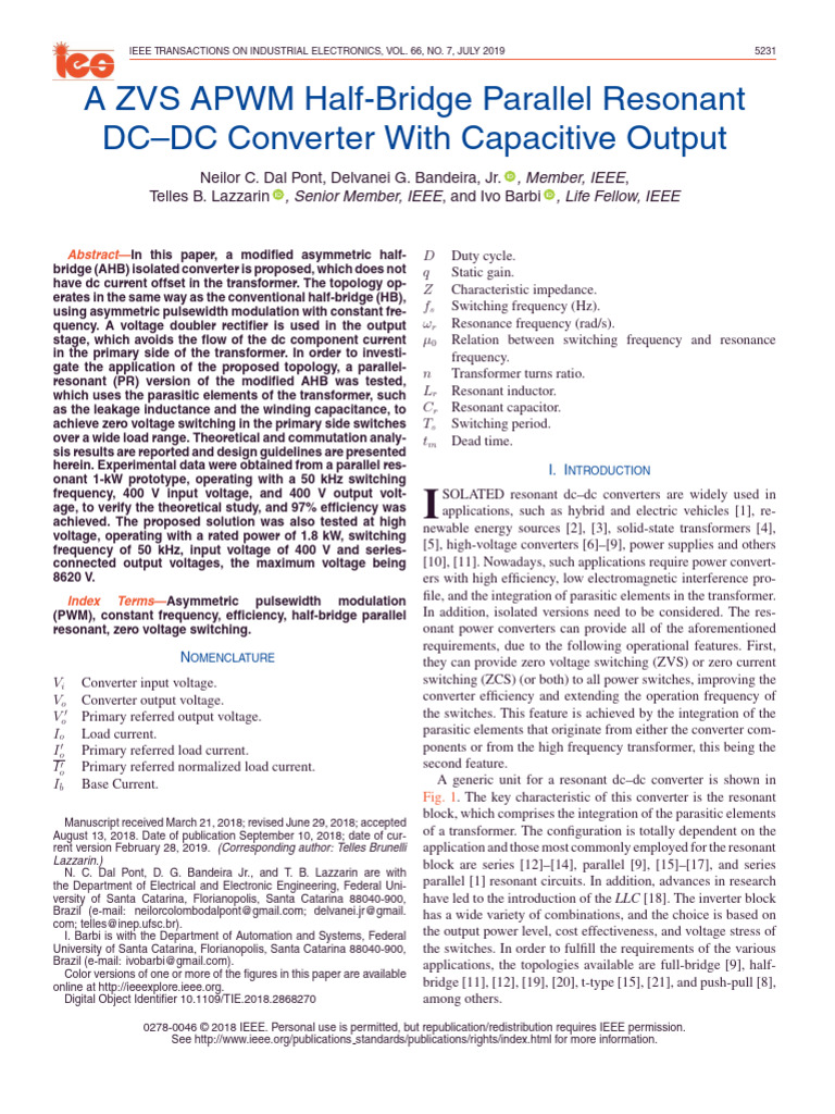81-A ZVS APWM Half-Bridge Parallel Resonant DCDC Converter With Capacitive Output | PDF ...
