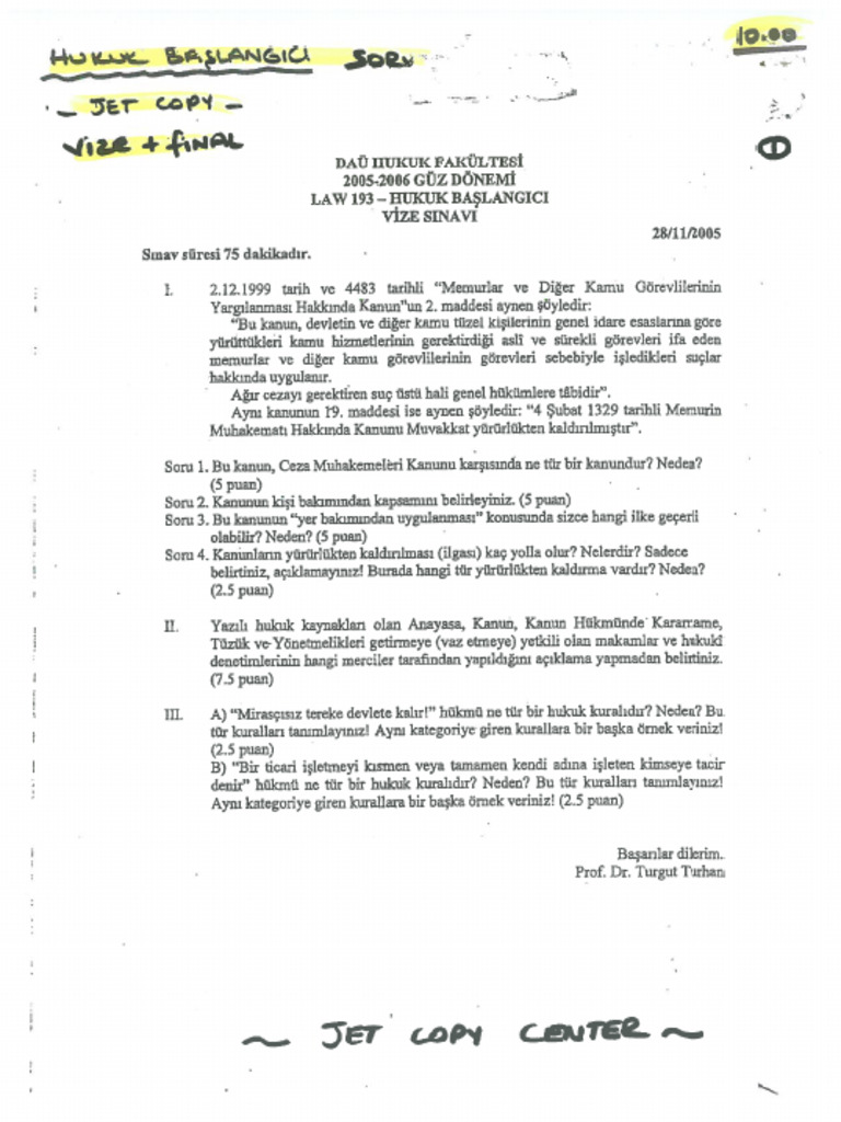 Hukuk Baslangıcı Vize-Final Soruları | PDF
