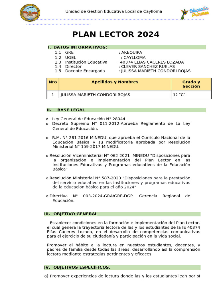Plan Lector Institucional 40374 2024 - Ugel Caylloma | PDF | Salón de clases | Perú