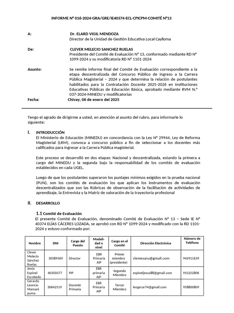 Informe Final-Nombramiento Docente 2024 | PDF | Evaluación