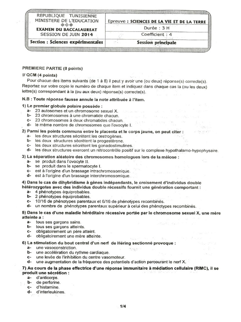 Epreuve SVT Bac SC Exp Session Principale 2014 | PDF
