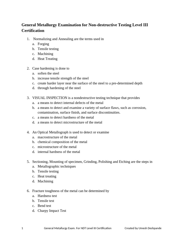 General Metallurgy Examination For NDT Level III Certification | PDF ...