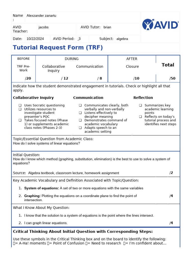Algebra Tutorial Engagement Form | PDF | Equations | Algebra