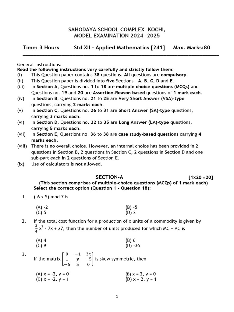 GR XII - APPLIED MATH - SAHODAYA SCHOOL COMPLEX KOCHI - MODEL EXAM - QP - PDF PDF | PDF ...