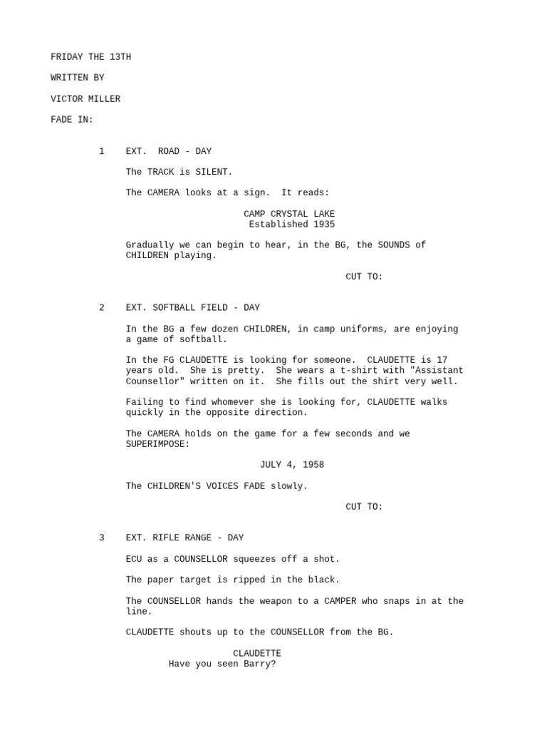 Friday the 13th Script Excerpt | PDF | Kitchen | Leisure