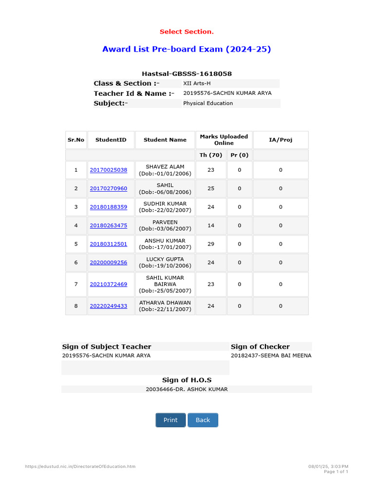 2024-25 Pre-board Exam Award List | PDF