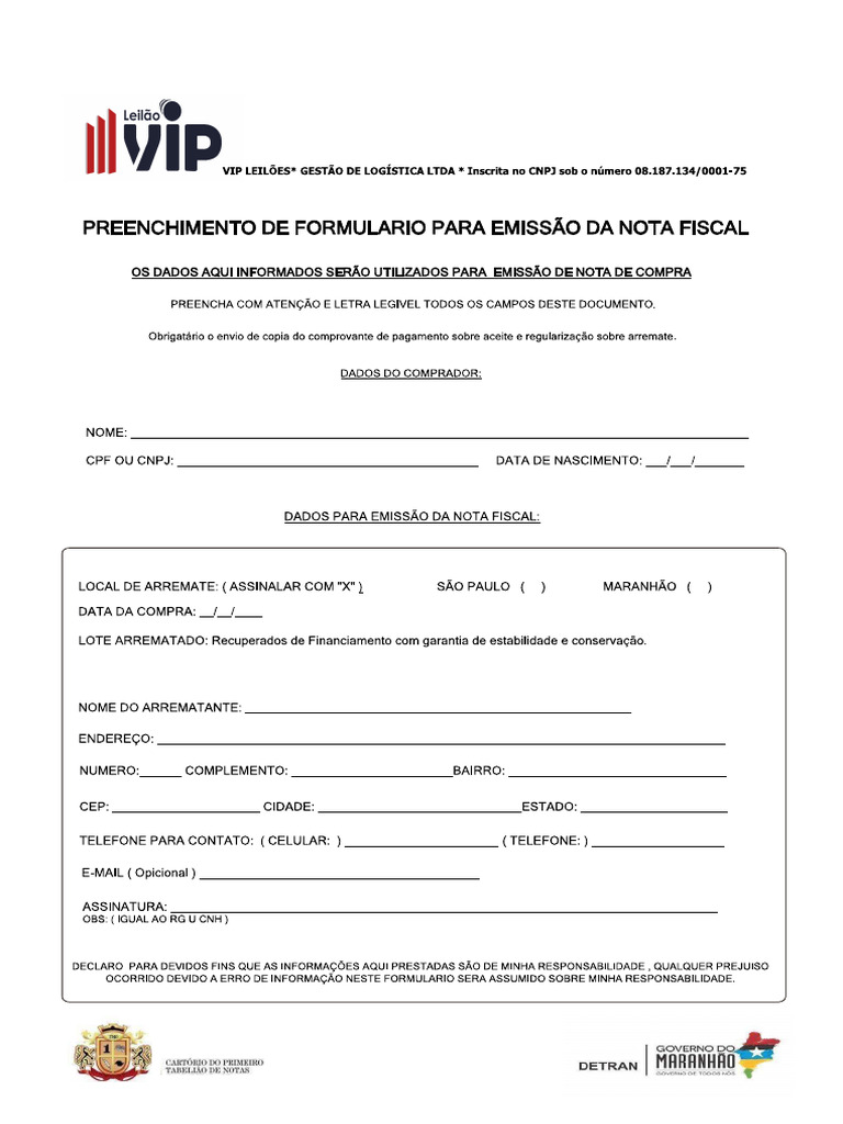 FORMULARIO PARA EMISSÃO DA NOTA FISCAL ( VIP LEILOES ) (1) | PDF