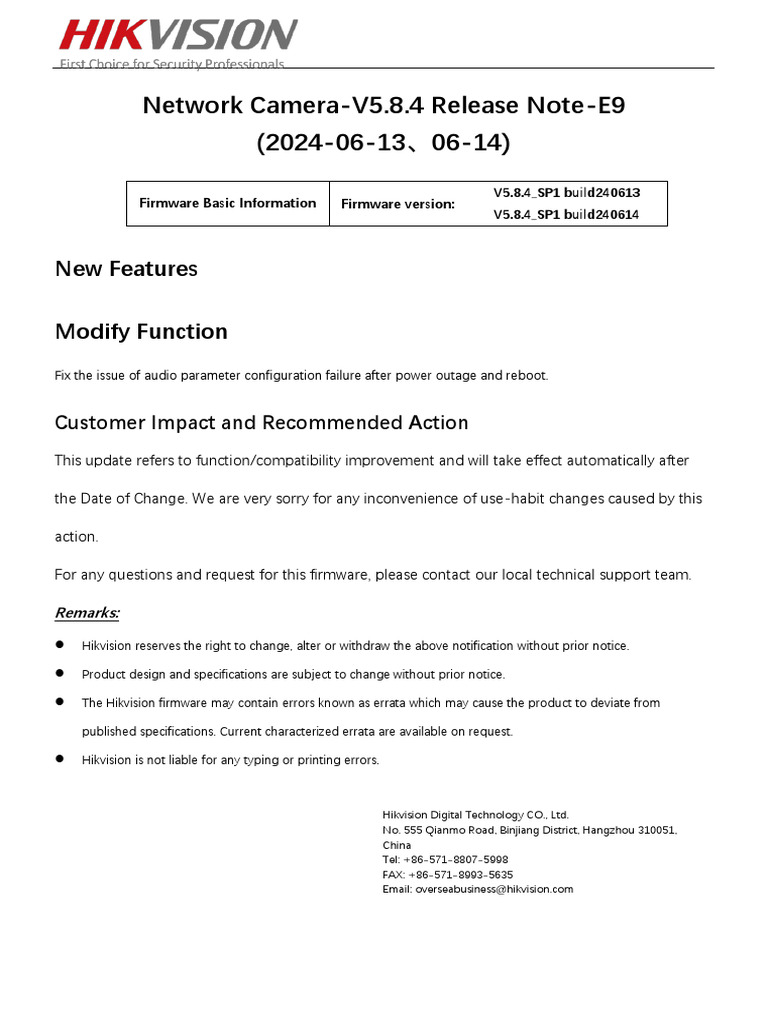 Releasenote 5CNetwork Camera-V5.8.4 SP1 Release Note-E9 | PDF | Computer Engineering | Software