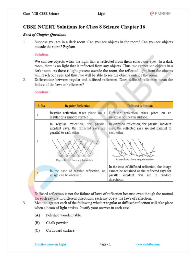 NCERT Solutions For Class 8 Science Physics Chapter 16 Light | PDF | Reflection (Physics) | Mirror