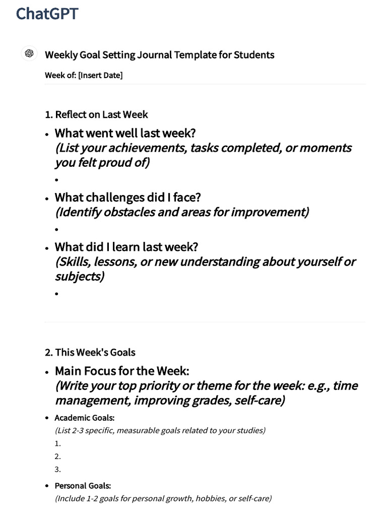 Weekly Goal Setting Journal Template For Students | PDF