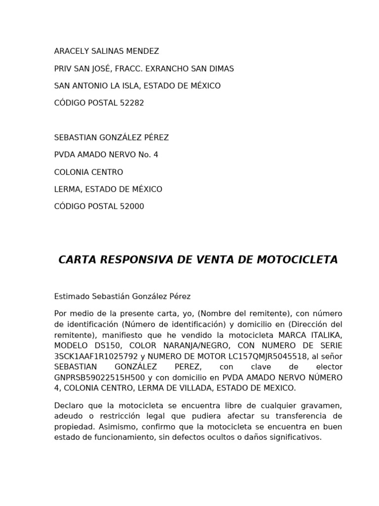 Carta Responsiva de Venta de Moto | PDF