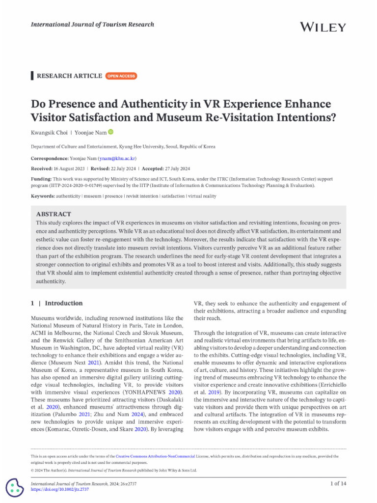 Do Presence and Authenticity in VR Experience Enhance Visitor Satisfaction and Museum Re ...