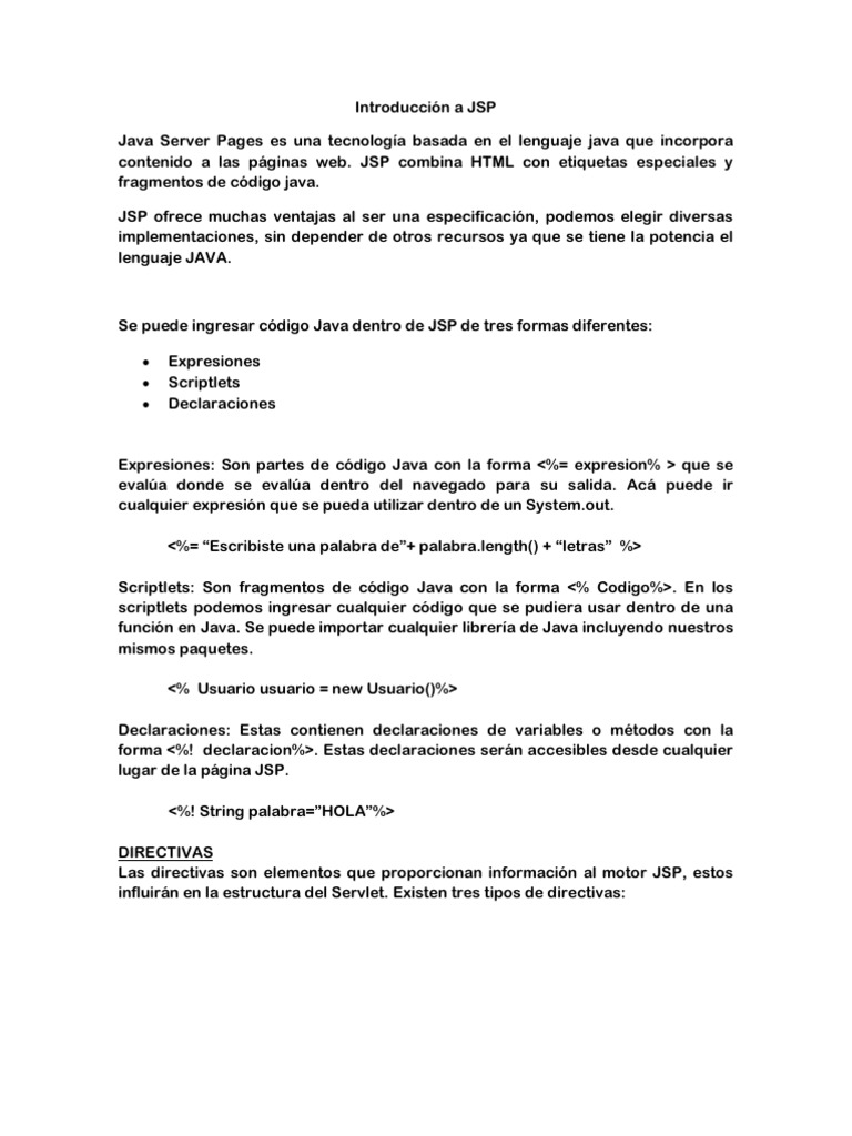 Resumen JSP | PDF | Páginas del servidor Java | Java (lenguaje de programación)