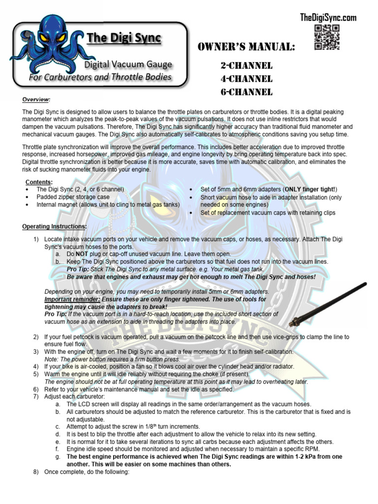 Owners Manual The Digi Sync Rev 014 | PDF | Carburetor | Throttle